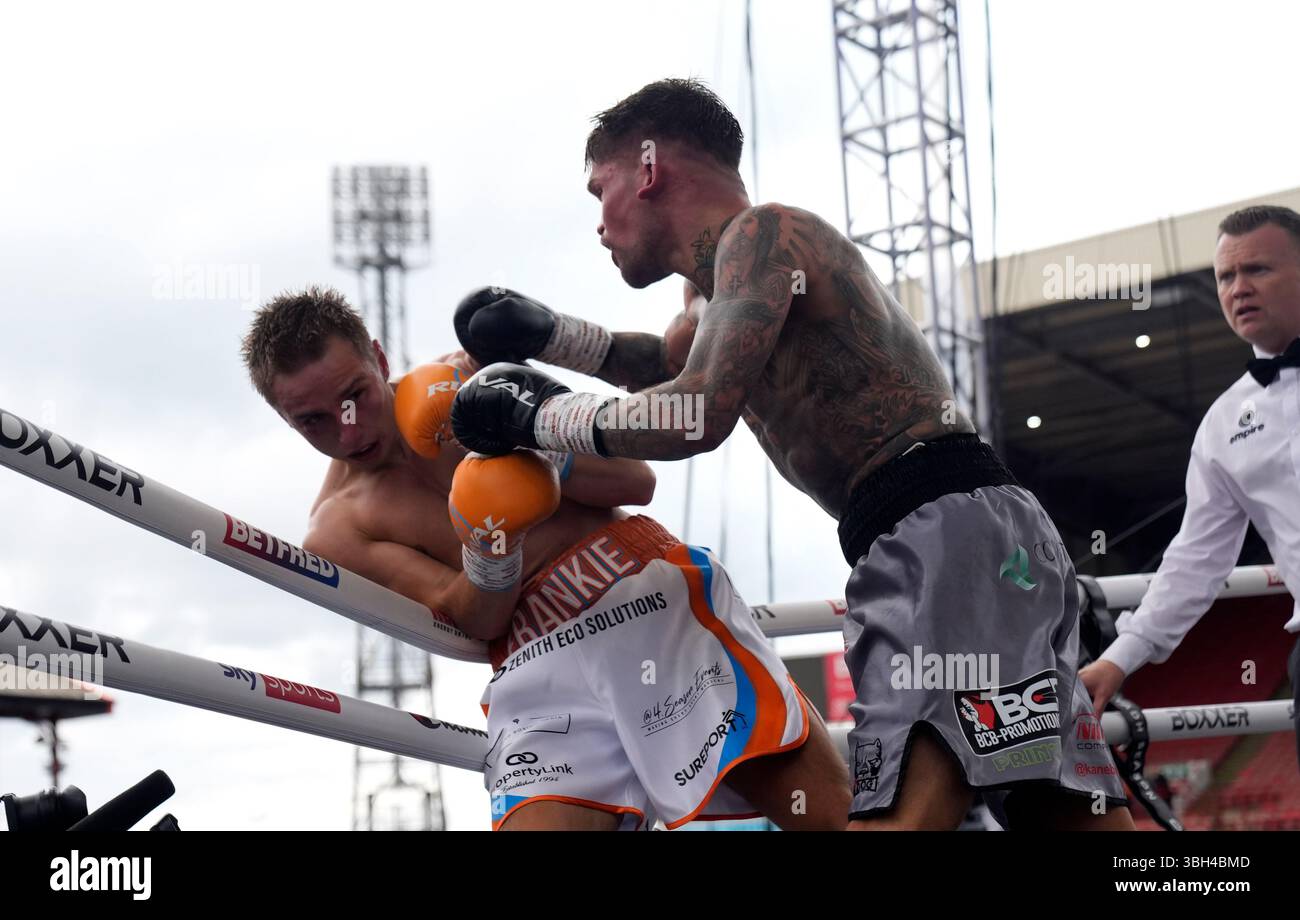 Frankie Stringer (left) in action against Kane Baker (right) at Oakwell ...