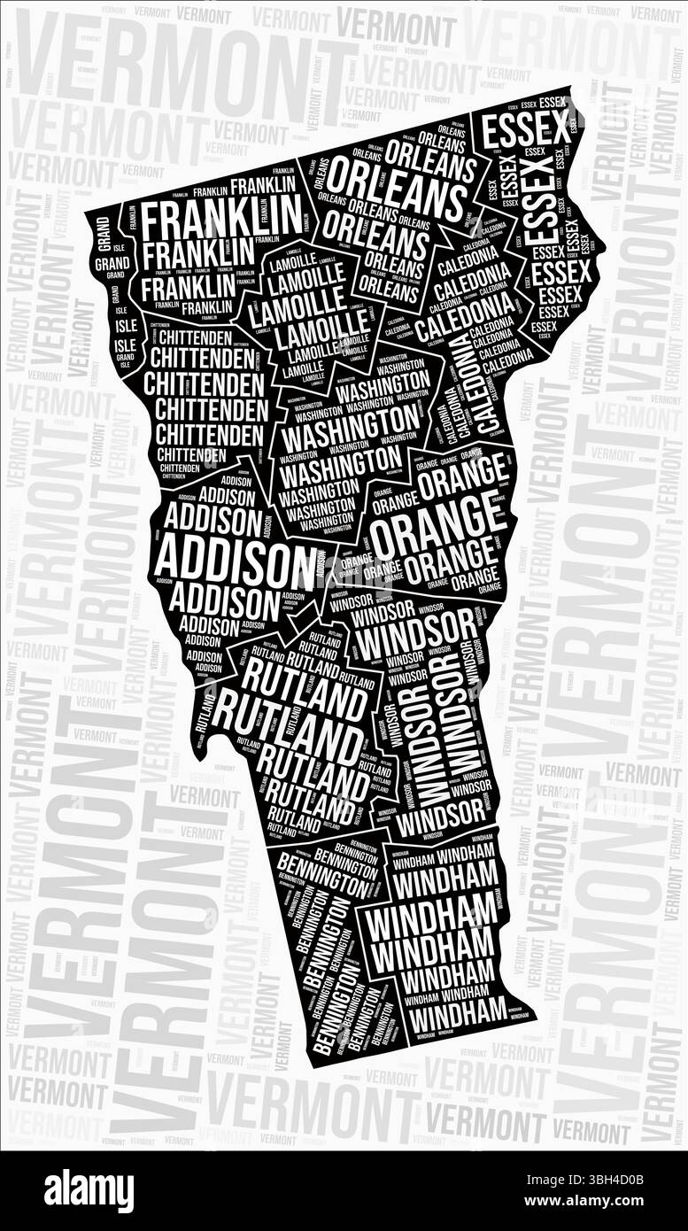Vermont counties map word cloud. Vermont region names. Black and white ...