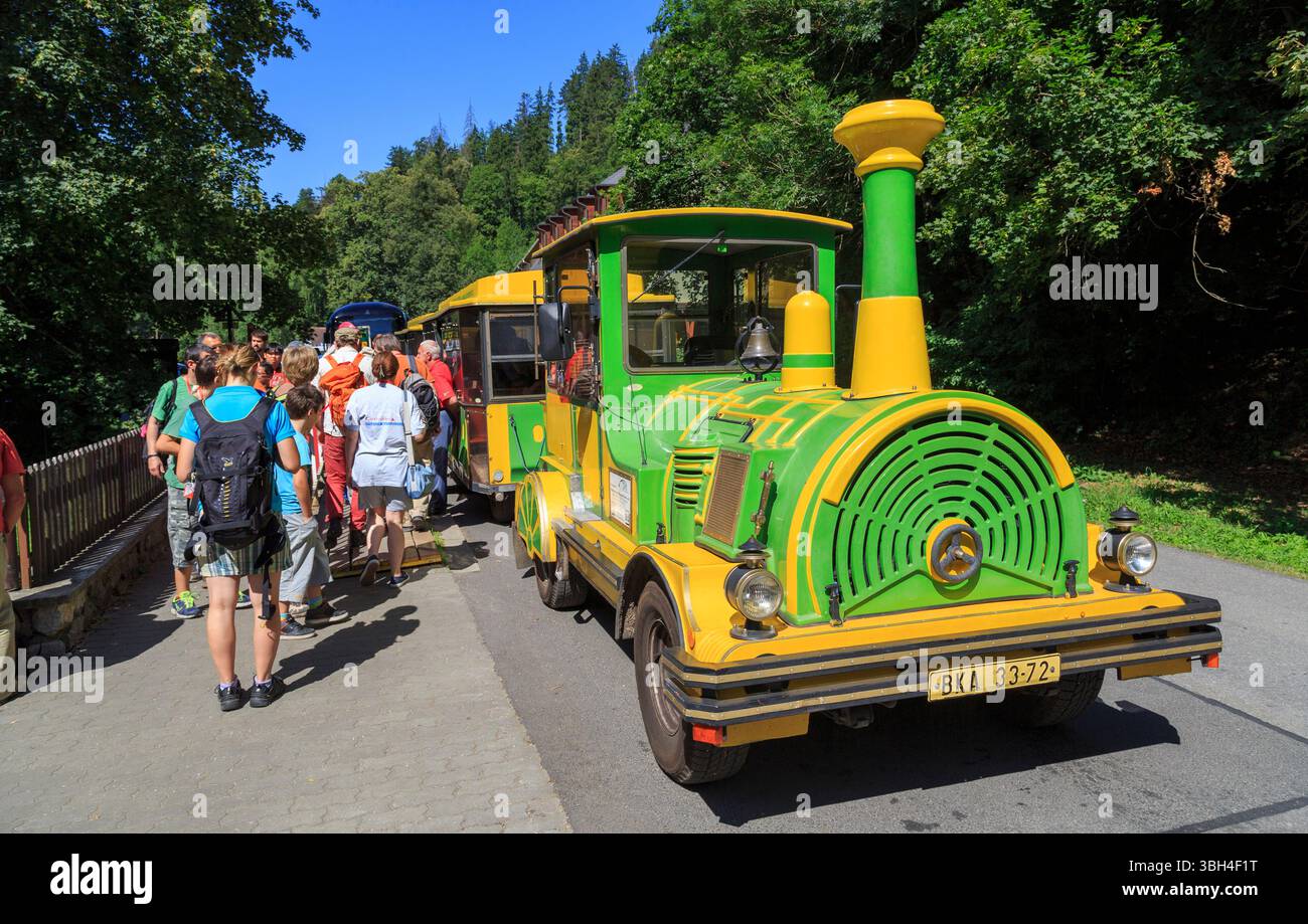 Tourist visitor train at Punkevni jeskyne, tourist showcave, Czech ...