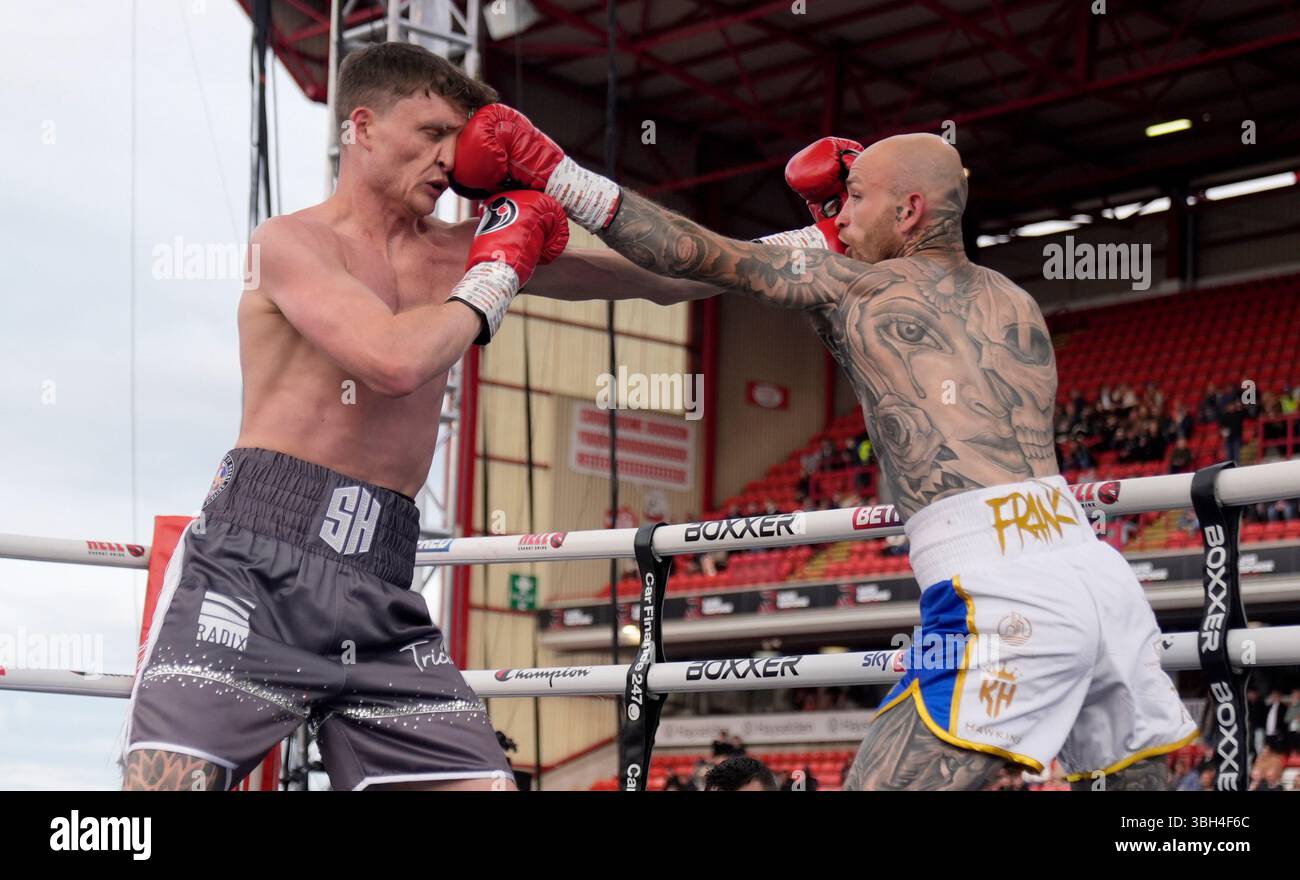 Sam Hickey (left) in action against Harley Hodgetts (right) at Oakwell ...