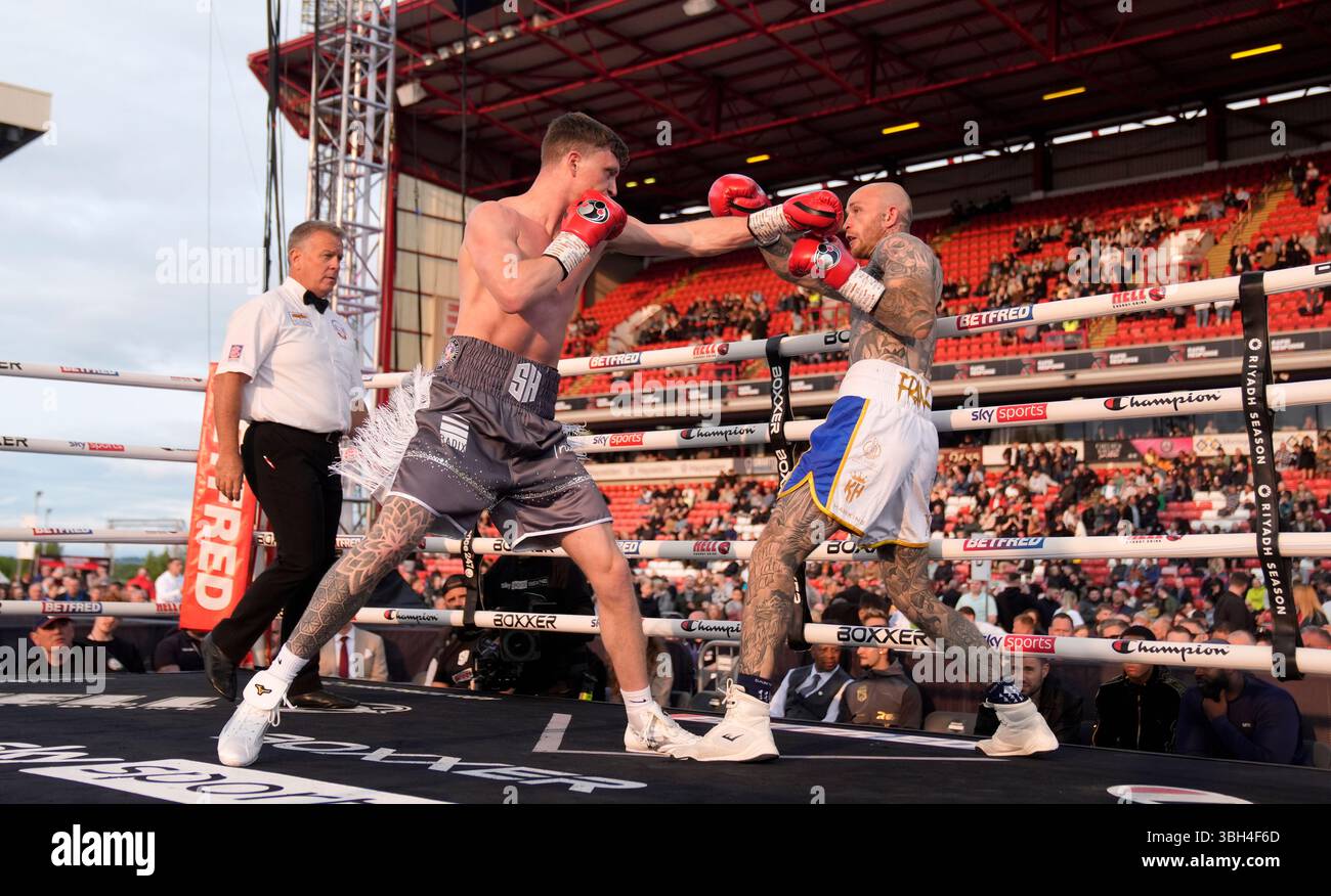 Sam Hickey (left) in action against Harley Hodgetts (right) at Oakwell Stadium, Barnsley ...