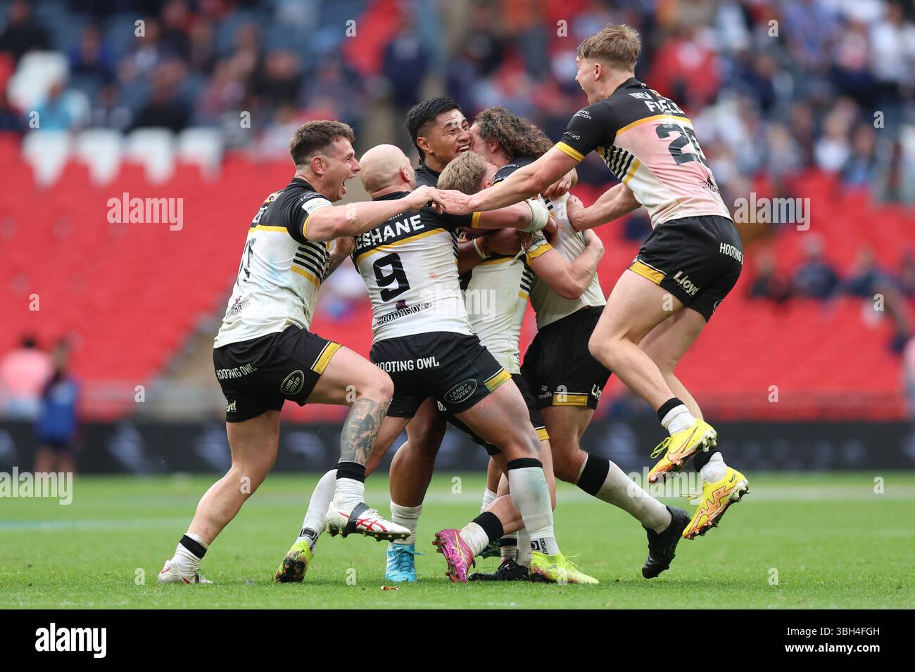 York Knights' Liam Harris (obscured) celebrates winning the game with a ...