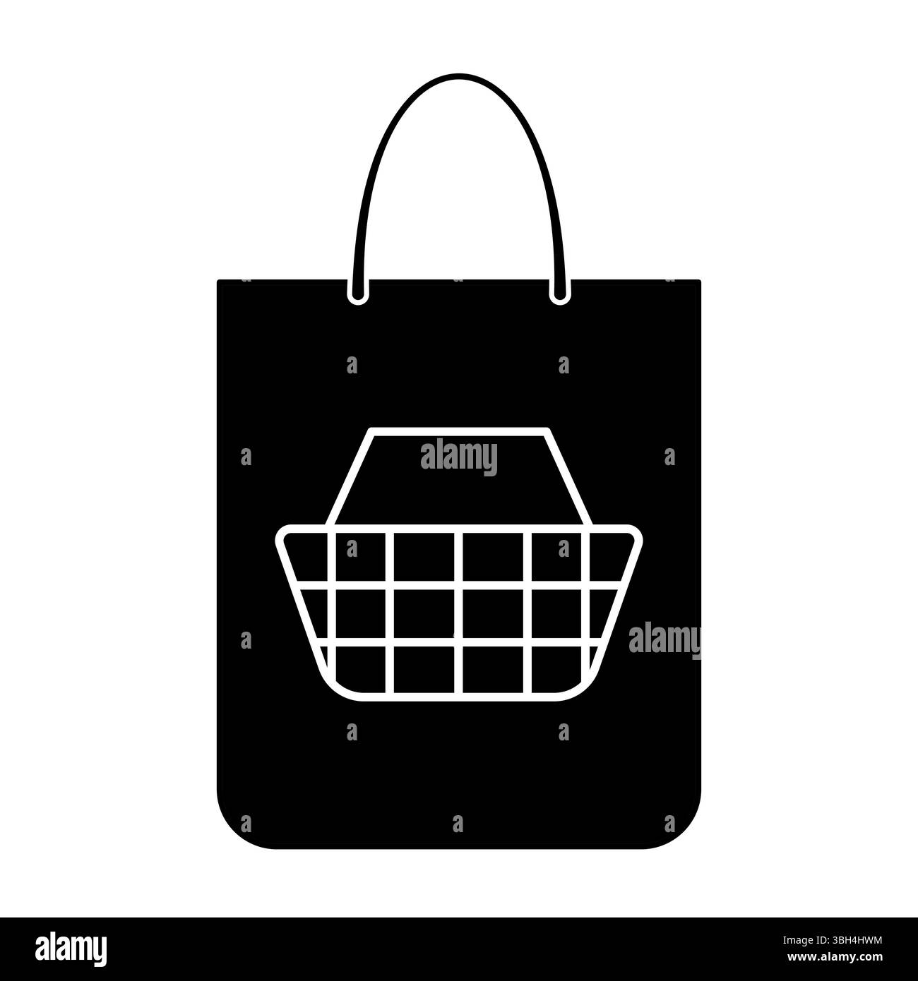 Shopping Bag Icon with Basket Symbol. Black and White Vector Illustration. The bag is depicted ...
