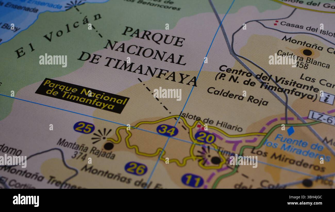 A map of Parque Nacional de Timanfaya on a Map of Lanzarote Stock Photo ...