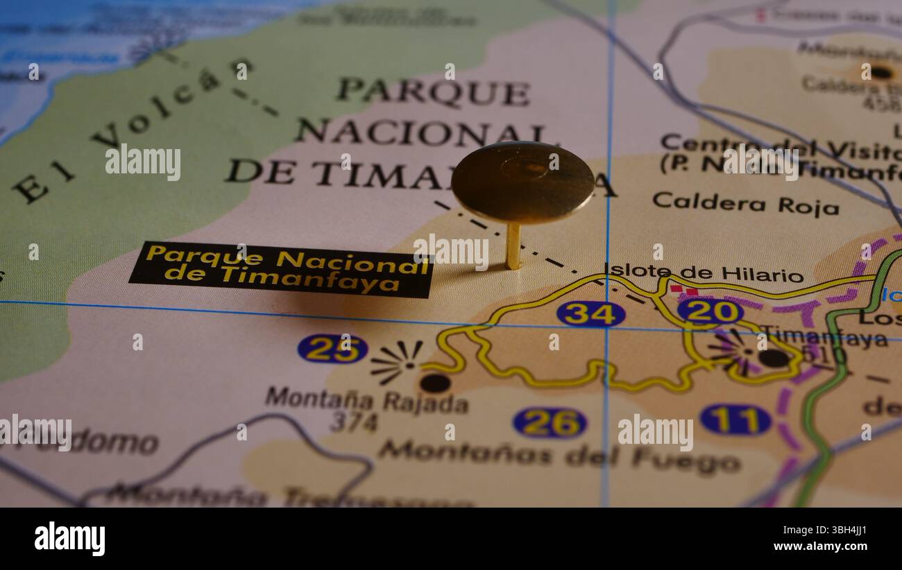 Timanfaya National Park indicated by a golden pin on a map of lanzarote ...