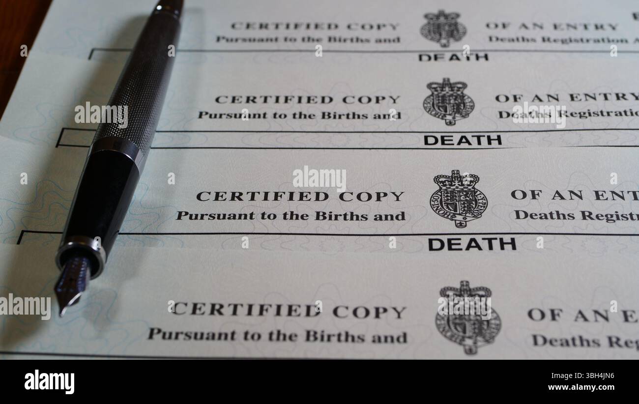 A series of certified copies of a UK death certificate issued by a ...