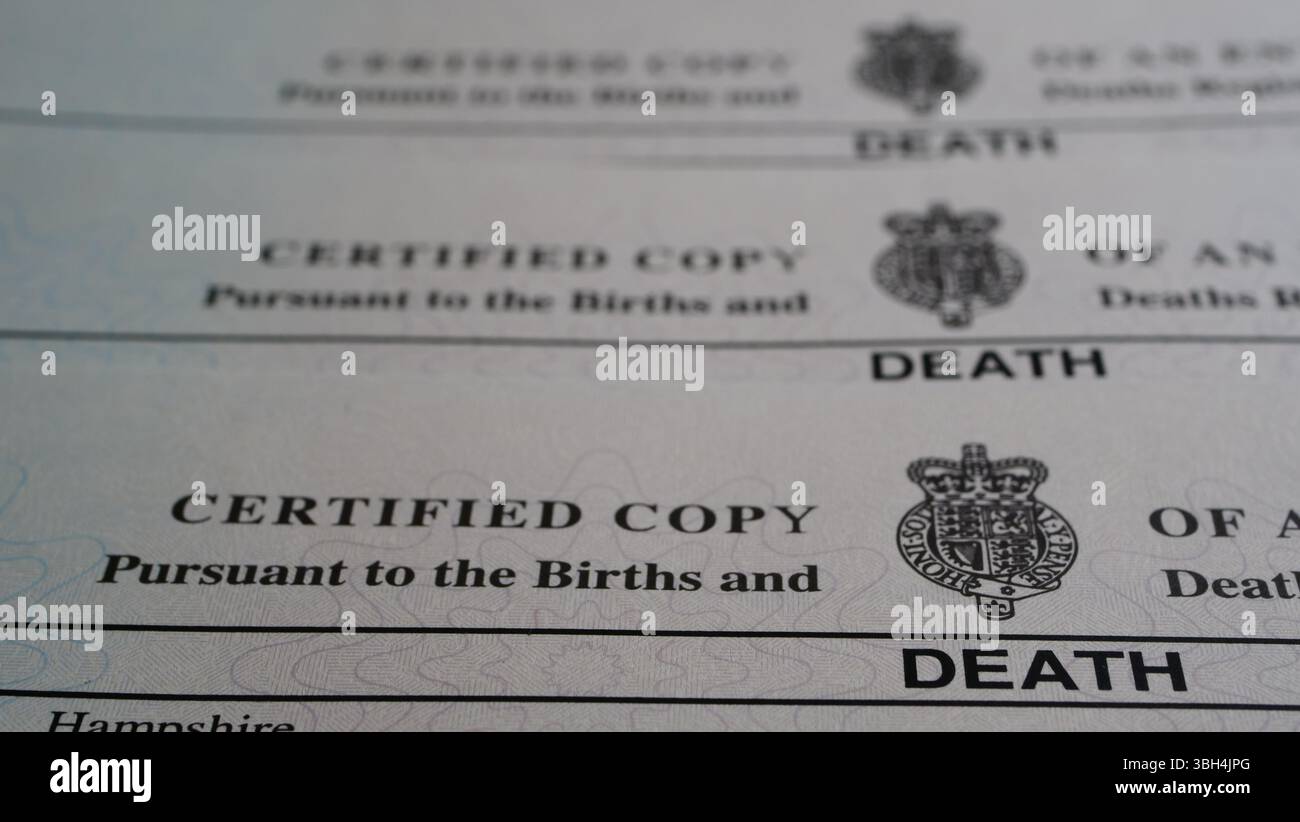A series of certified copies of a UK death certificate issued by a ...