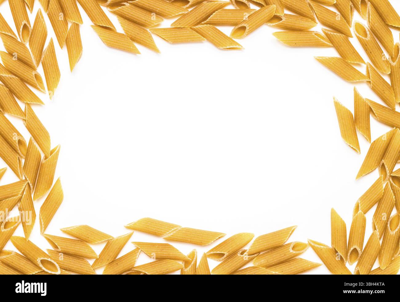 Decorative frame of penne pasta on white background. Template for ...