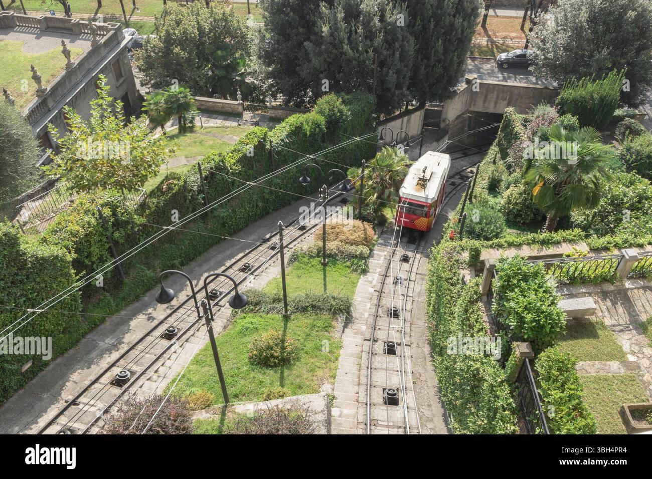 Upper city funicular line in Bergamo (Funicolare Citta Alta). Red ...