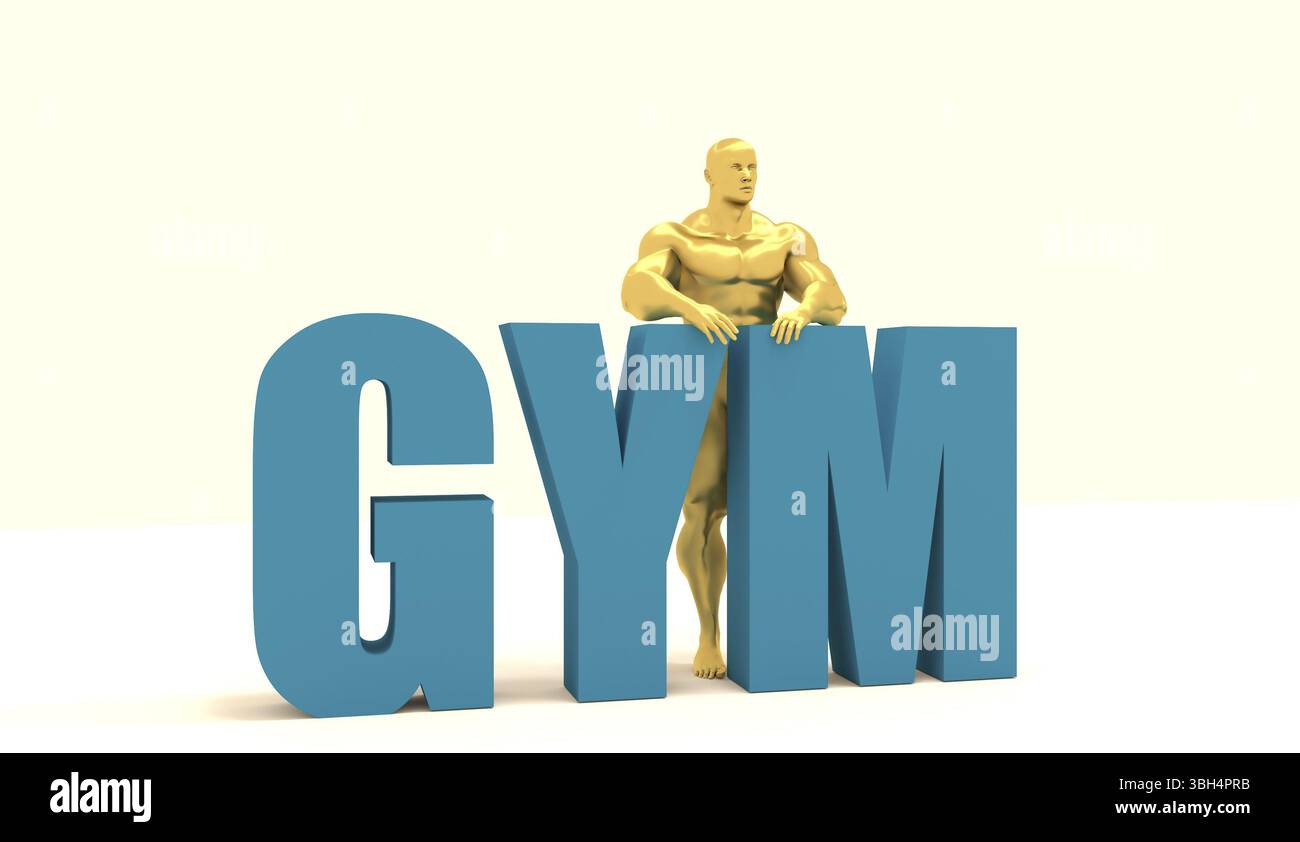 Muscular man standing near gym word. Golden figure. Bodybuilding ...