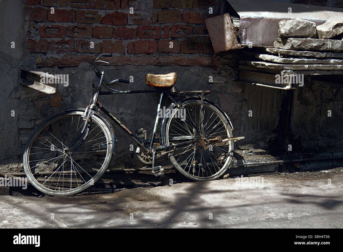 Old bikes in deep space poor neighborhoods. urban transport for ...
