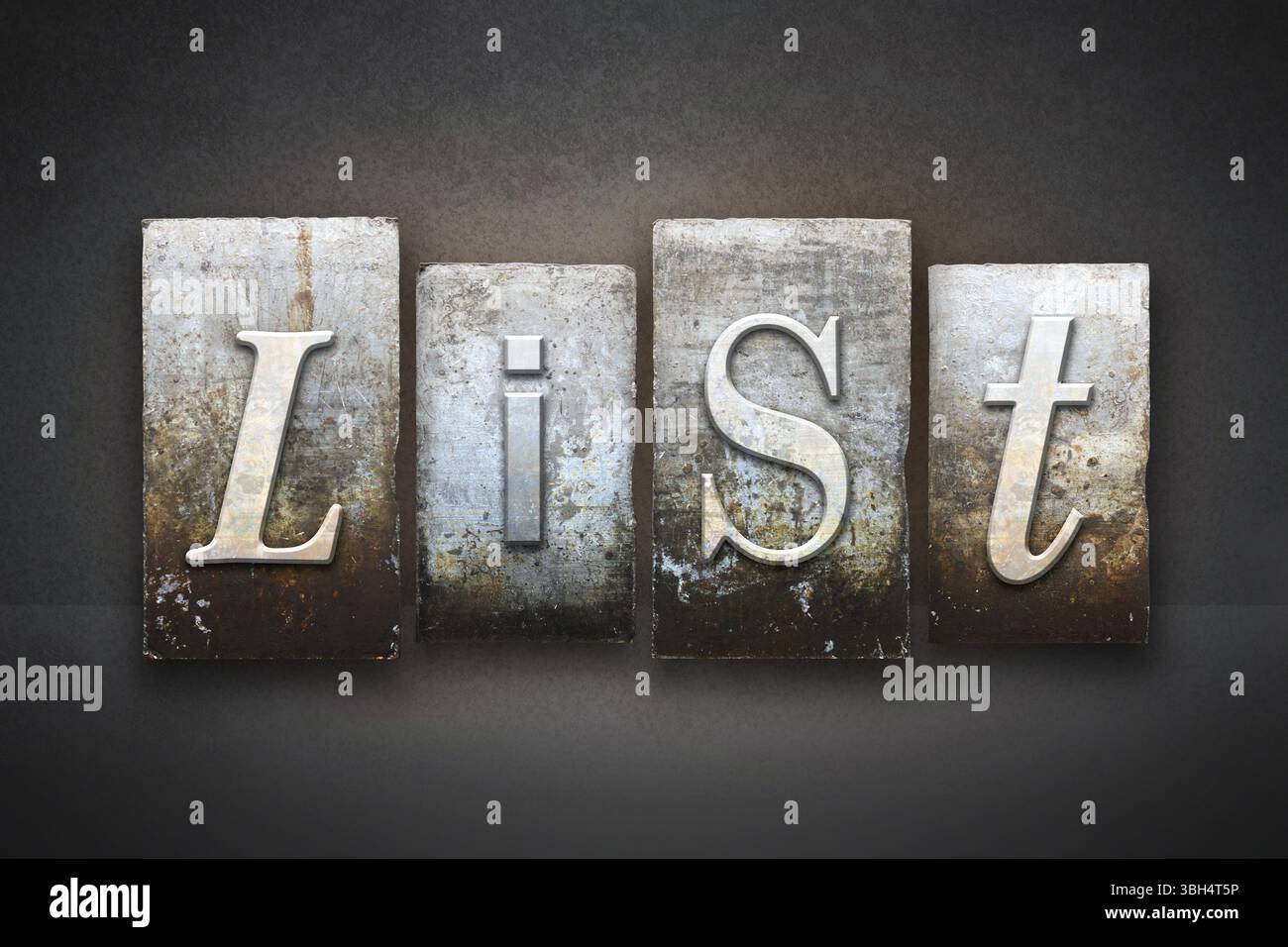 The word LIST written in vintage letterpress type Stock Photo - Alamy