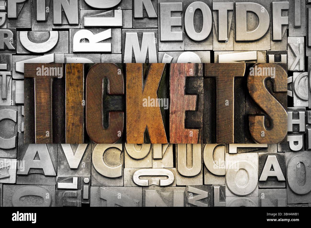 The word TICKETS written in vintage letterpress type Stock Photo - Alamy