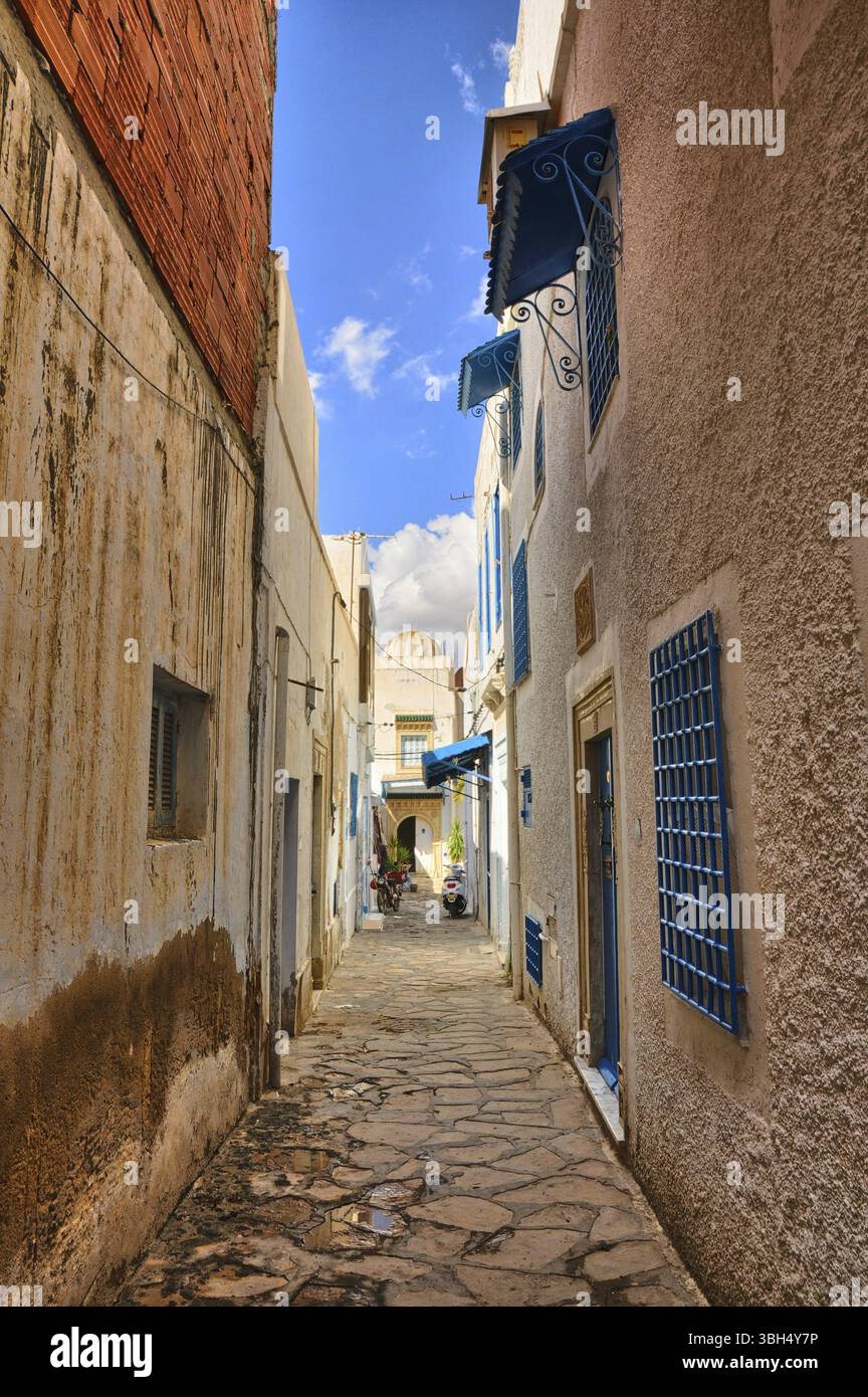 Narrow street of ancient Medina in Hammamet, Tunisia, Mediterranean Sea ...