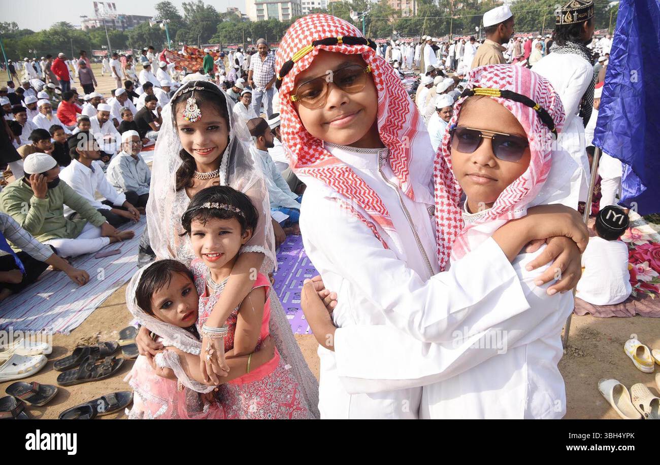 PATNA, INDIA - JUNE 7: Muslim children congratulations to each others ...