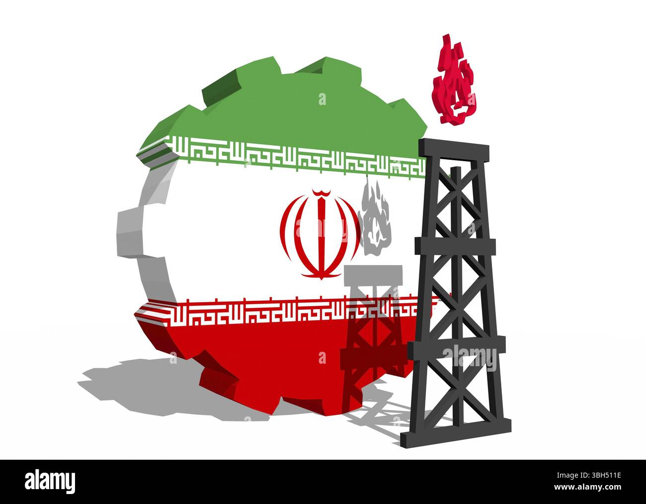 3D gear with gas rig simple icon, textured by Iran flag. Heavy and ...