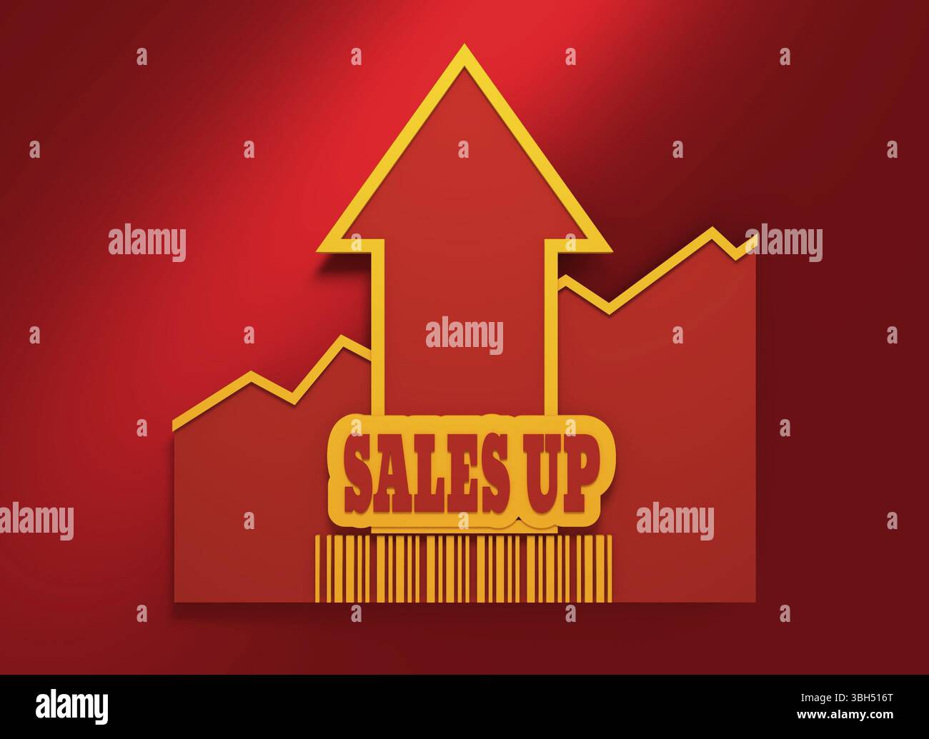 Sales up text and rise up arrow. Growth diagram and bar code. Relative ...