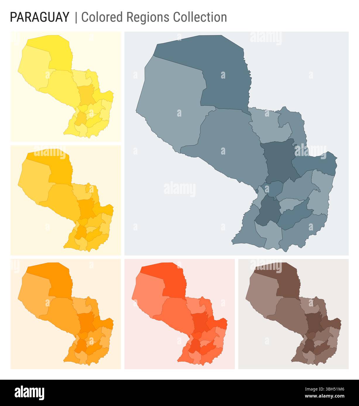 Paraguay map collection. Country shape with colored regions. Blue Grey ...