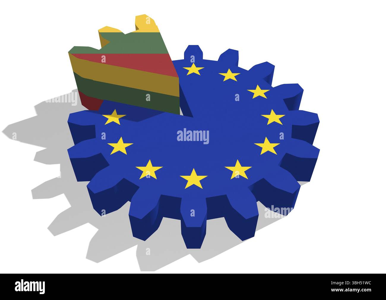 European union flag on gear and Lithuania as part of cog wheel. 3D ...