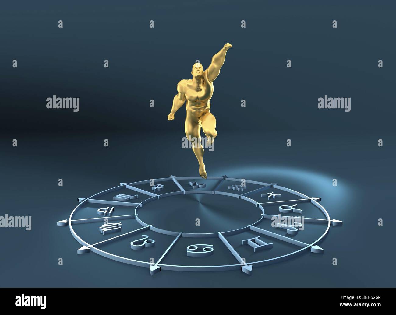 Golden astrological symbols in the circle. Muscular man fly out from ...