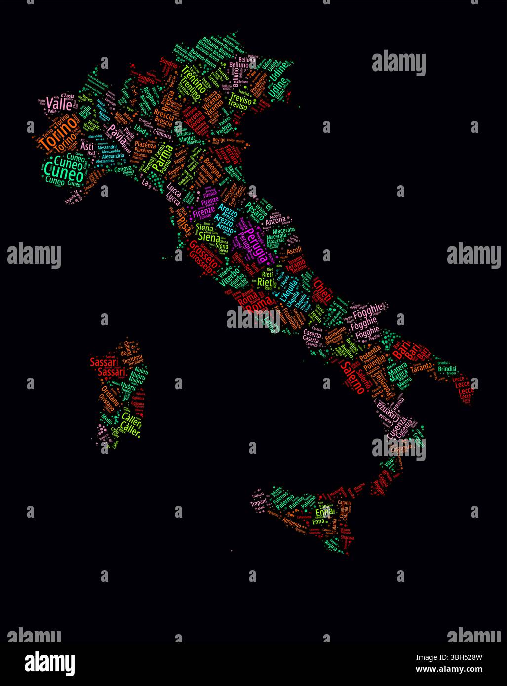 Italy Regions Word Clouds. Bright neon style design on dark background ...
