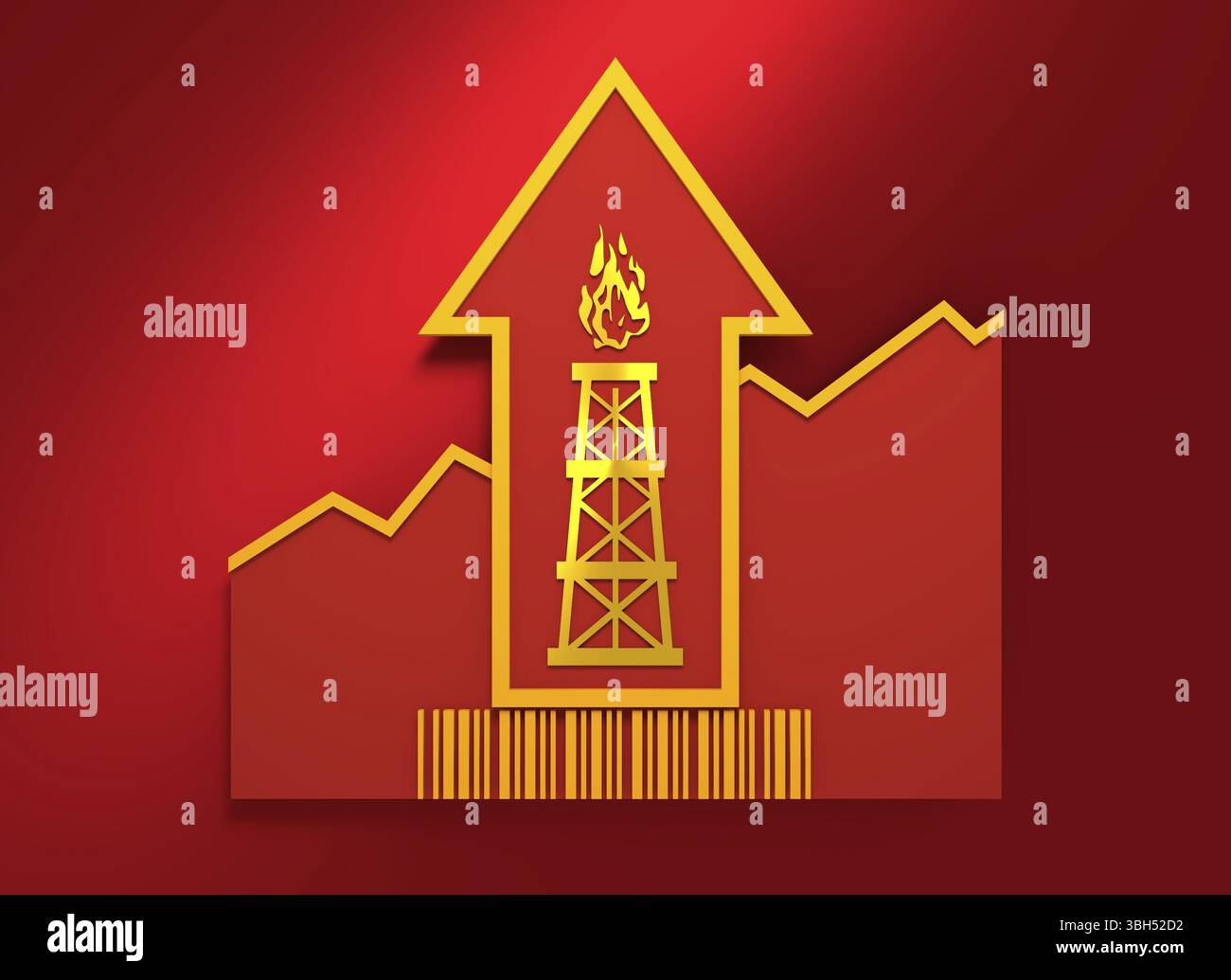 Gas rig icon and rise up arrow. Growth diagram and bar code. 3D ...