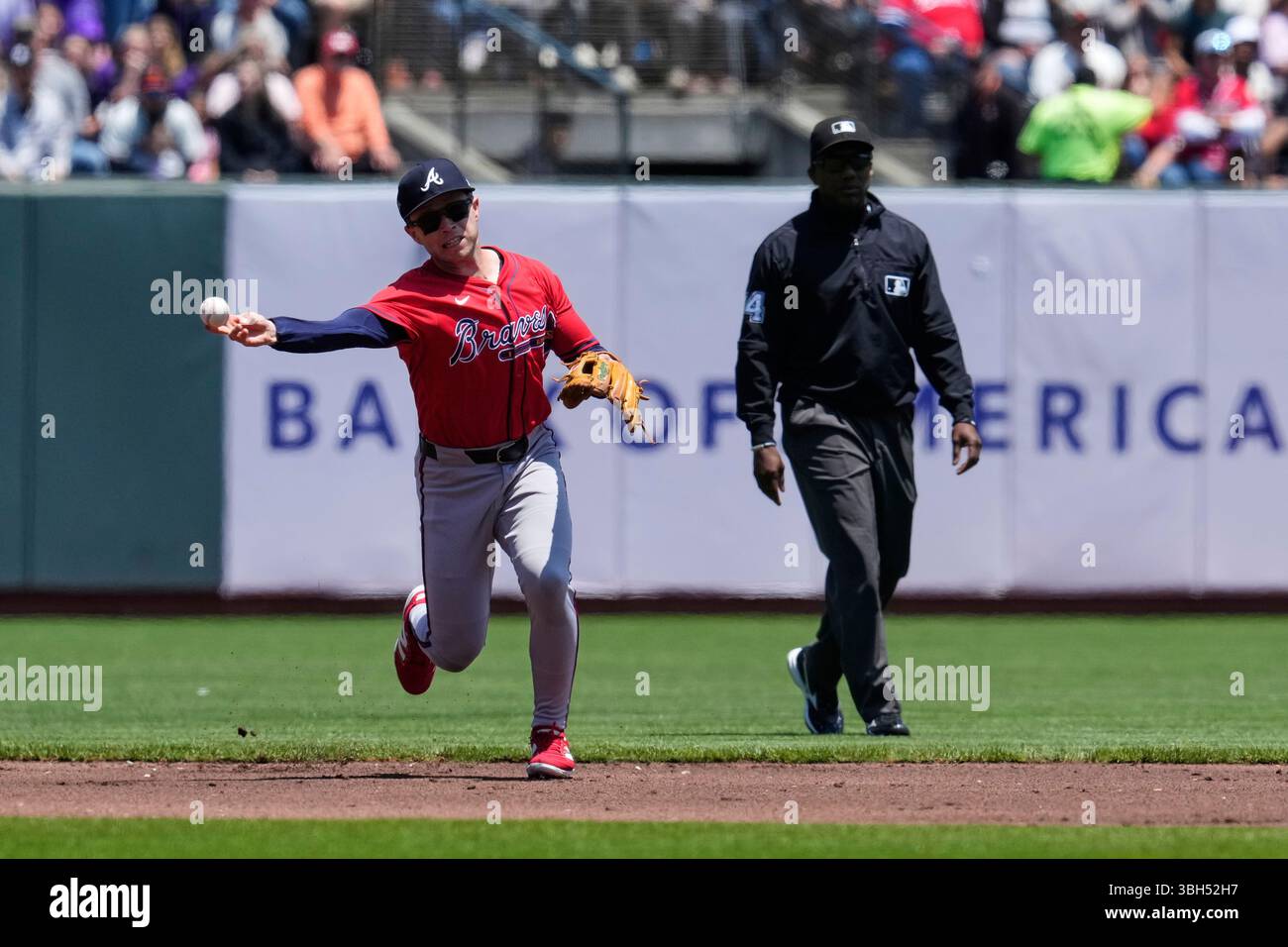 Atlanta Braves shortstop Nick Allen throws to first for an out on San ...