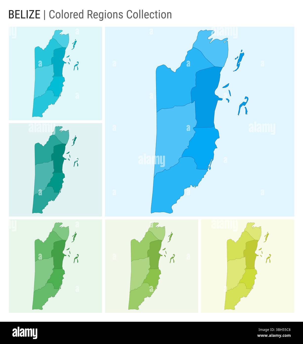 Belize map collection. Country shape with colored regions. Light Blue ...