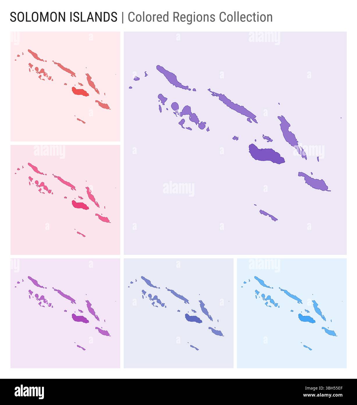 Solomon Islands map collection. Country shape with colored regions. Deep purple, red, pink ...