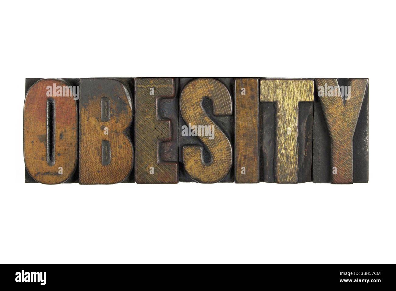 Obesity isolated on white and written in vintage letterpress type Stock ...