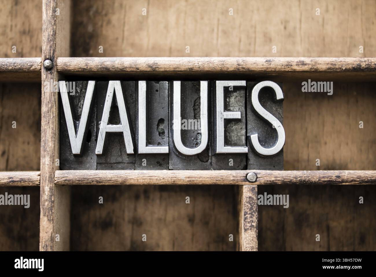 The word VALUES written in vintage metal letterpress type in a wooden ...