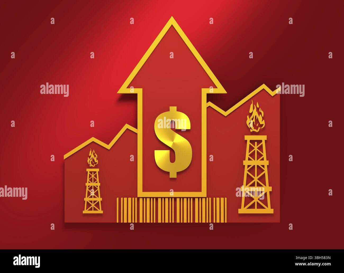 Gas rig icon and rise up arrow. Growth diagram and bar code. 3D ...