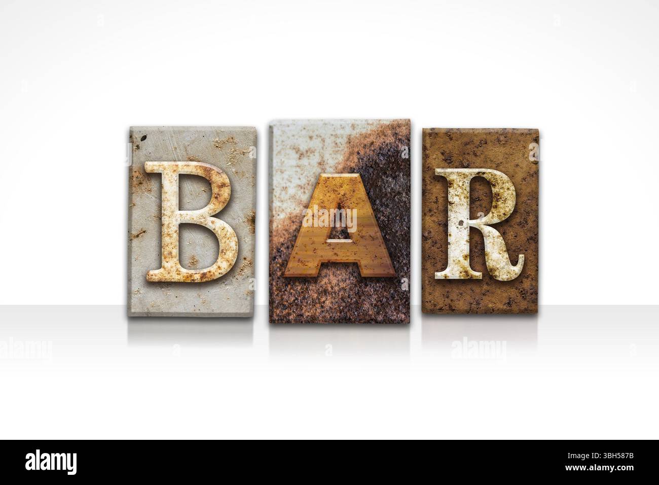 The word BAR written in rusty metal letterpress type isolated on a ...