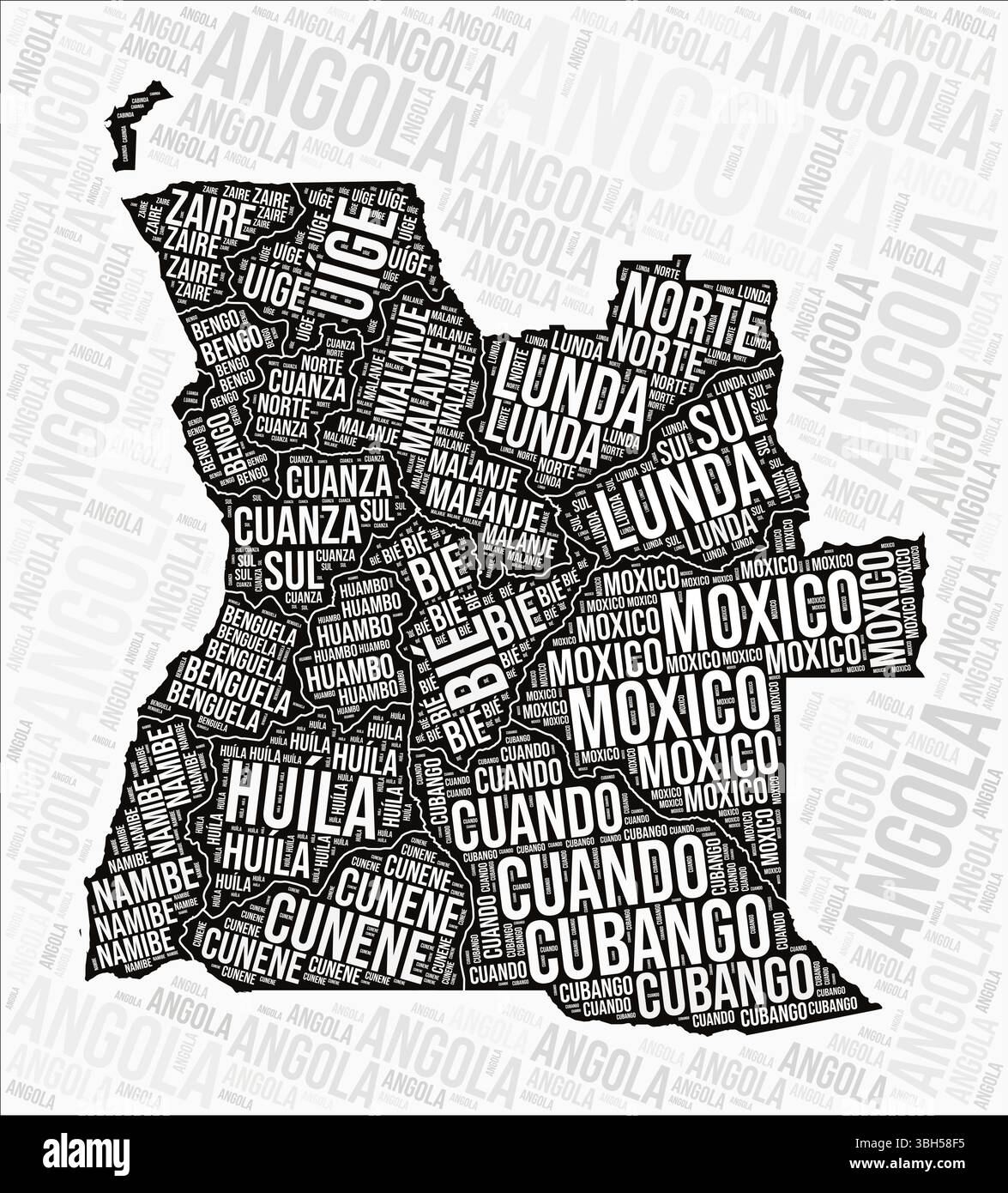 Angola regions map word cloud. Angola region names. Black and white map ...
