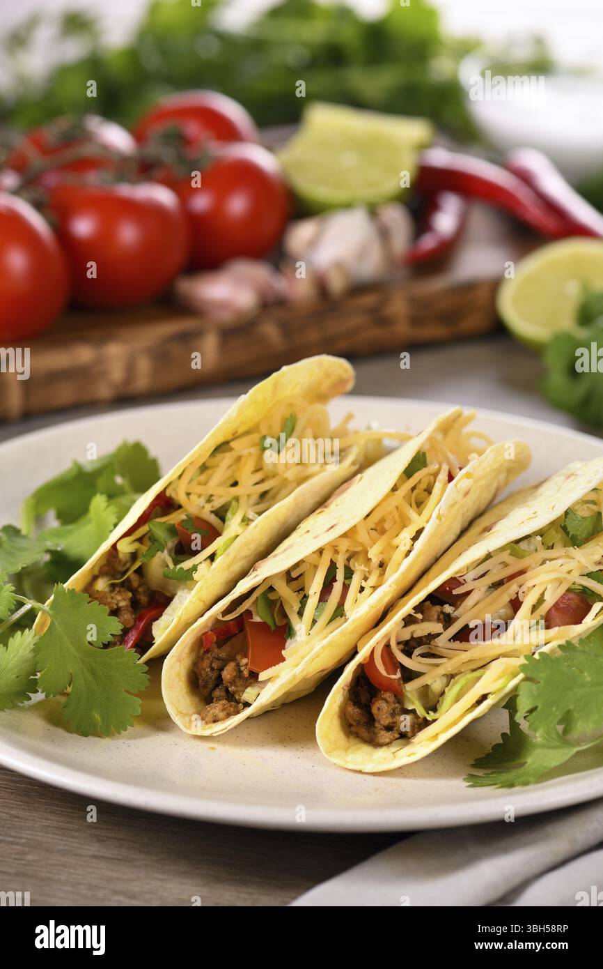 Taco with ground beef and avocado, cabbage and cheese. Mexican cuisine ...