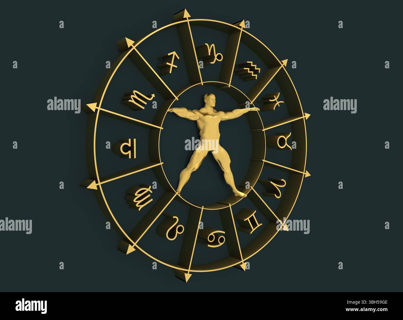 Golden astrological symbols in the circle. Muscular man standing in the ...