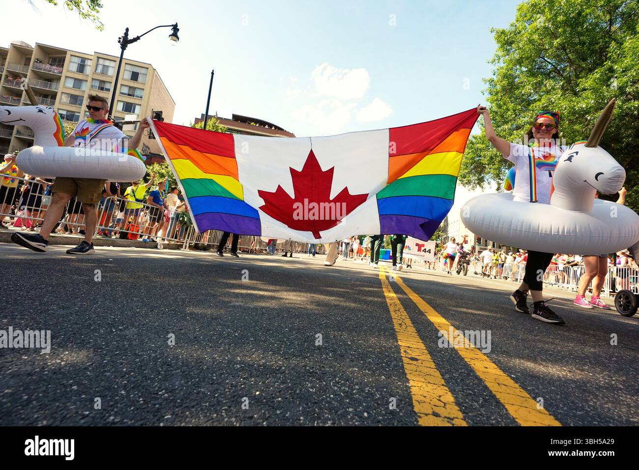 People carry a Canada pride flag during the World Pride parade ...