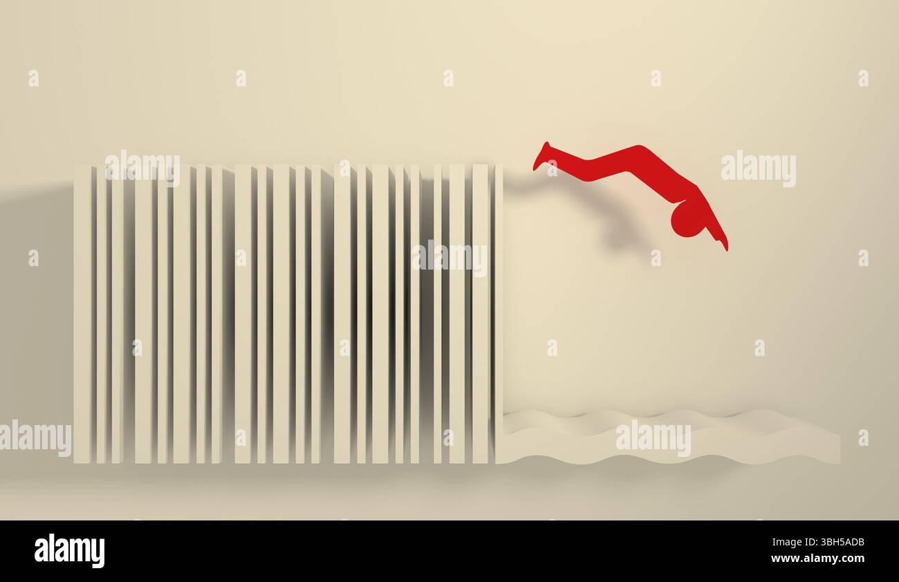 Red man silhouette diving from bar code springboard. start up metaphor ...