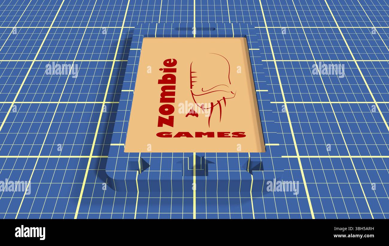 Smart phone with zombie games text and skull textured screen. Cutout silhouette on blueprint ...