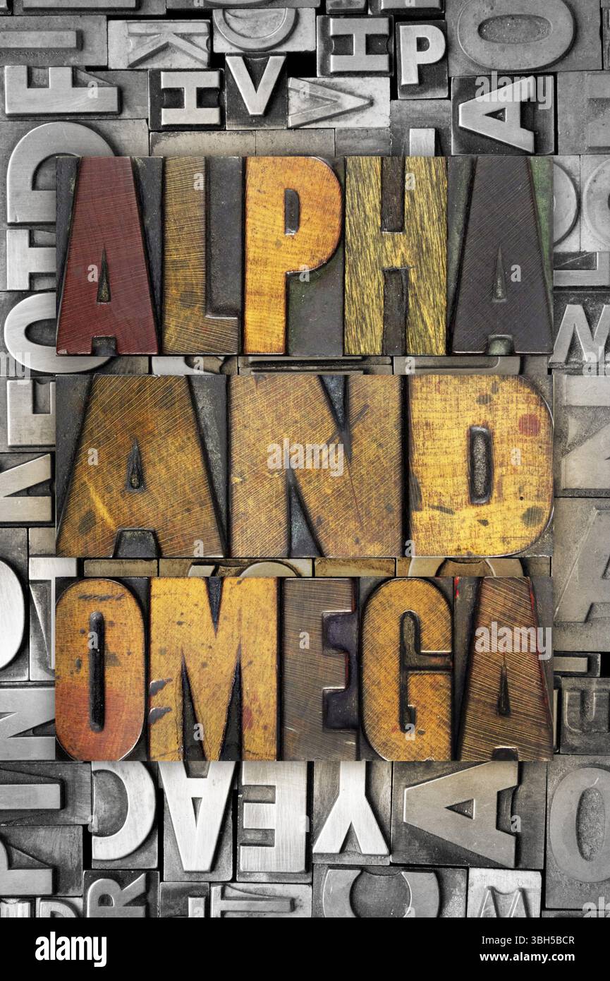 The words ALPHA AND OMEGA written in vintage letterpress type Stock ...
