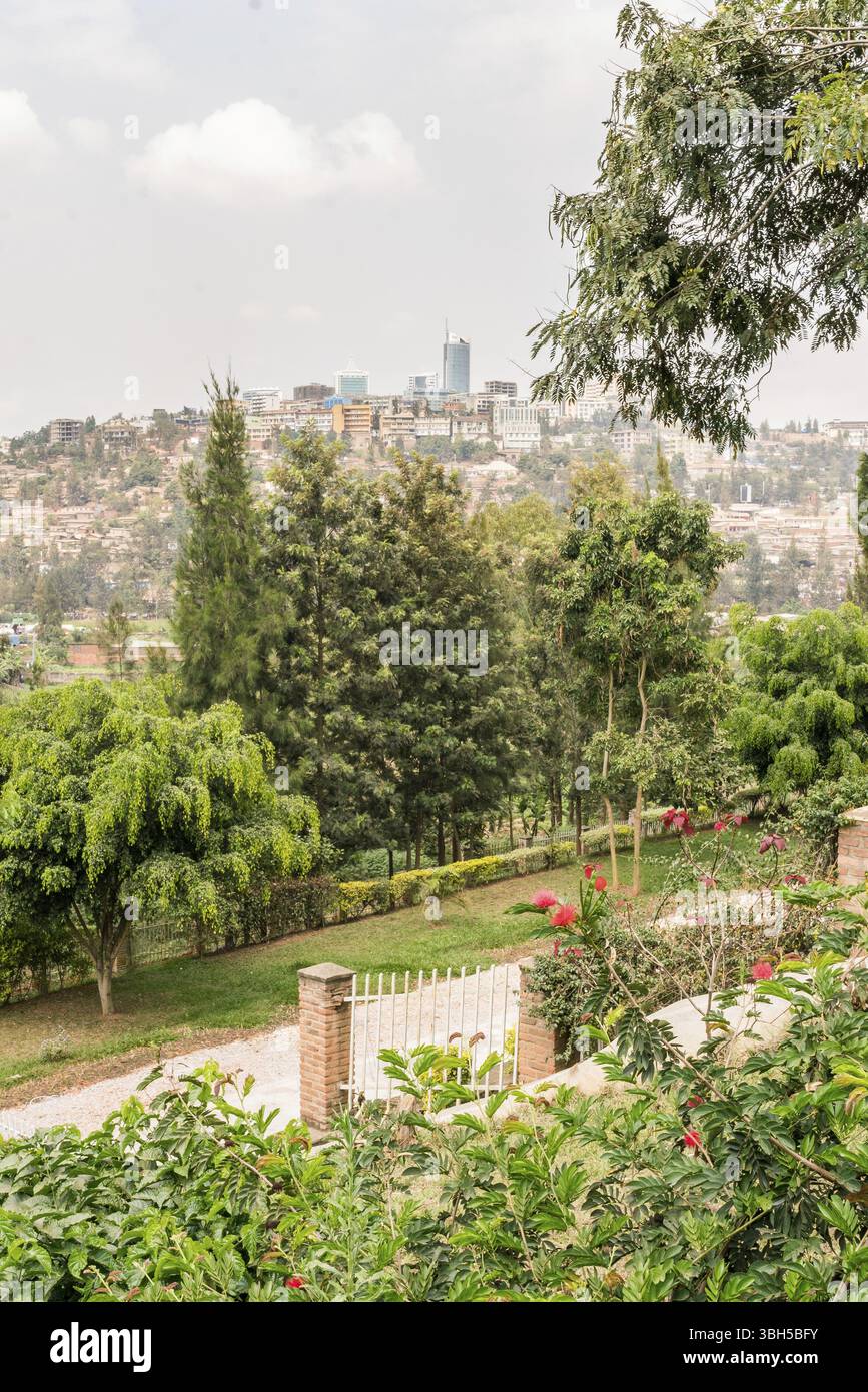 Aerial view of the Kigali, the capita city of Rwanda, from the hills on ...