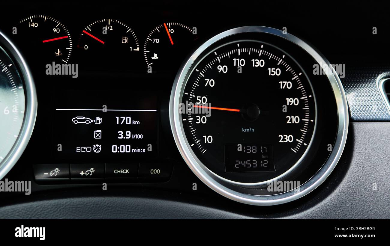 A car dashboard with a speedometer showing a speed of 180 km/h. The ...