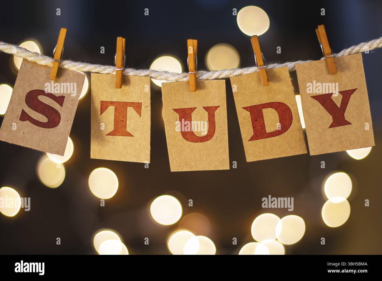 The word STUDY printed on clothespin clipped cards in front of ...