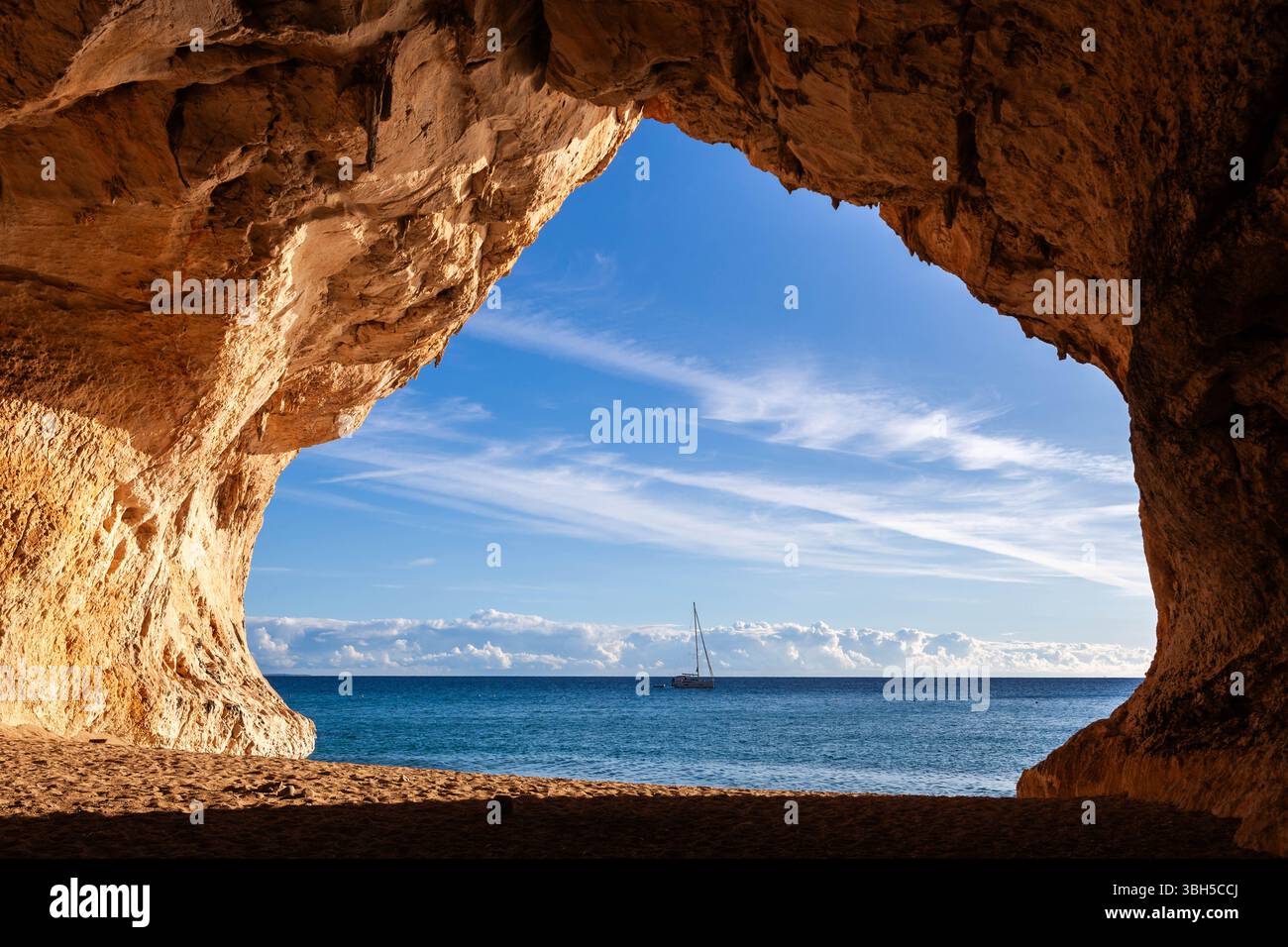 Cala Luna. Sardinia. Amazing Mediterranean sea view from the cave lit ...