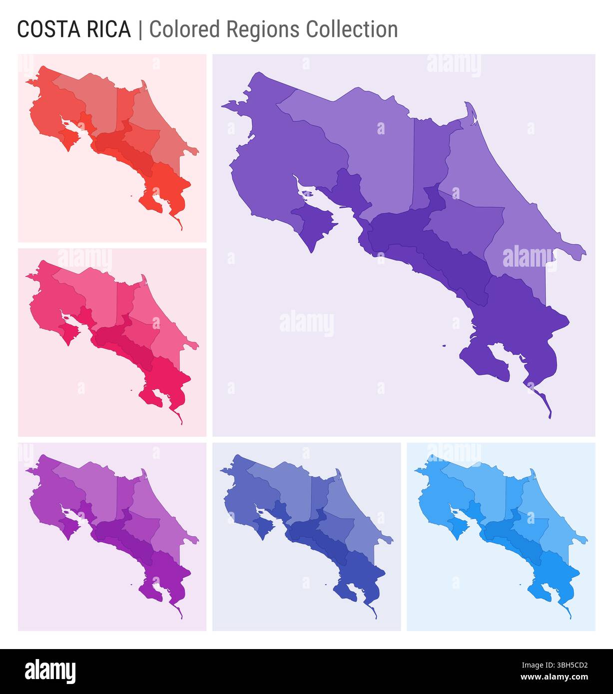 Costa Rica map collection. Country shape with colored regions. Deep ...