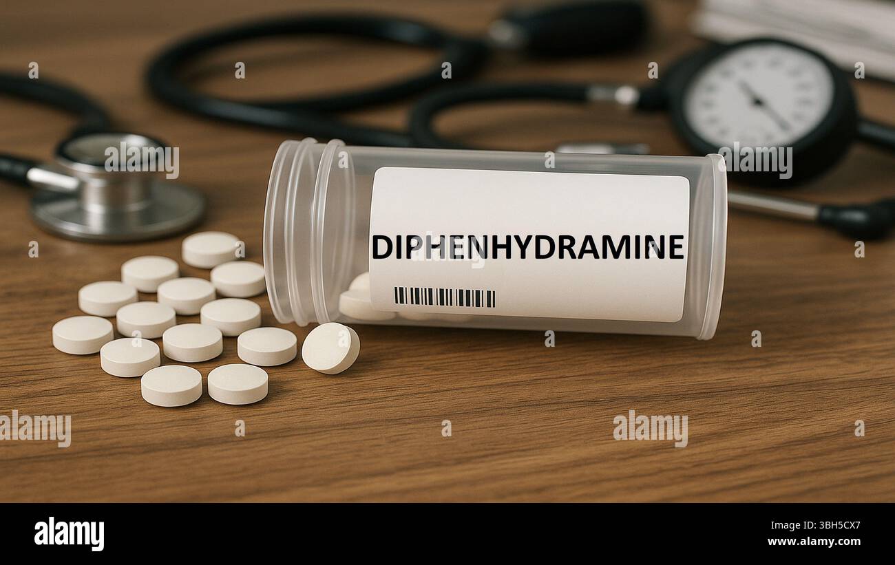 Diphenhydramine plastic box of medication with tablets on a table Stock ...