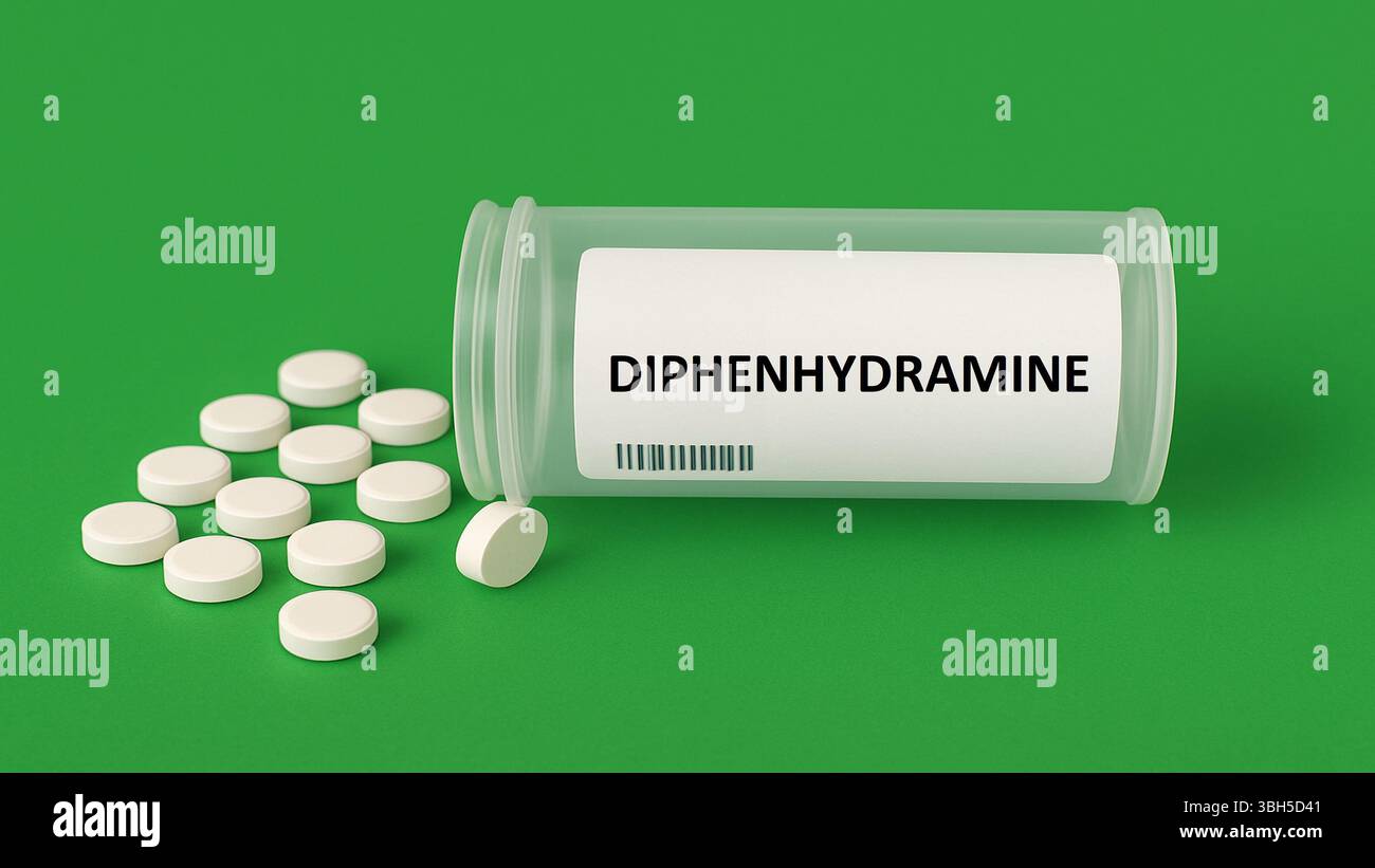 Diphenhydramine plastic box of medication with tablets on a table Stock ...