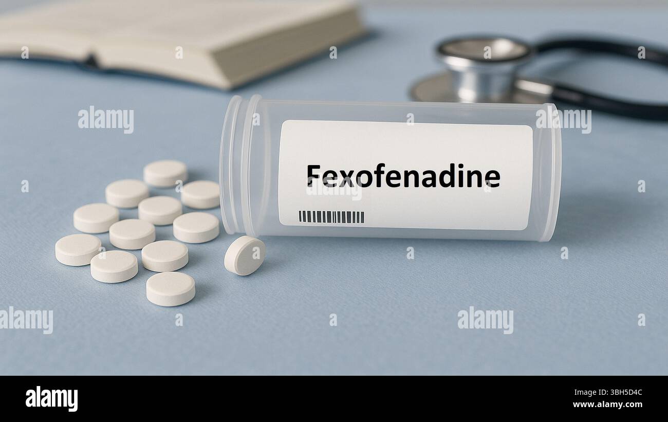 Fexofenadine plastic box of medication with tablets on a table Stock ...