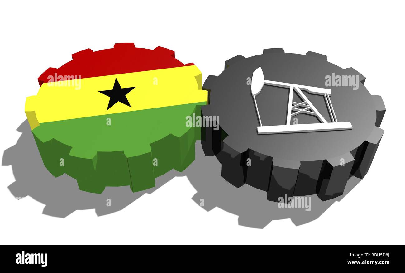 Cog wheels connection. Oil pump icon and Ghana flag on gears. Heavy and ...
