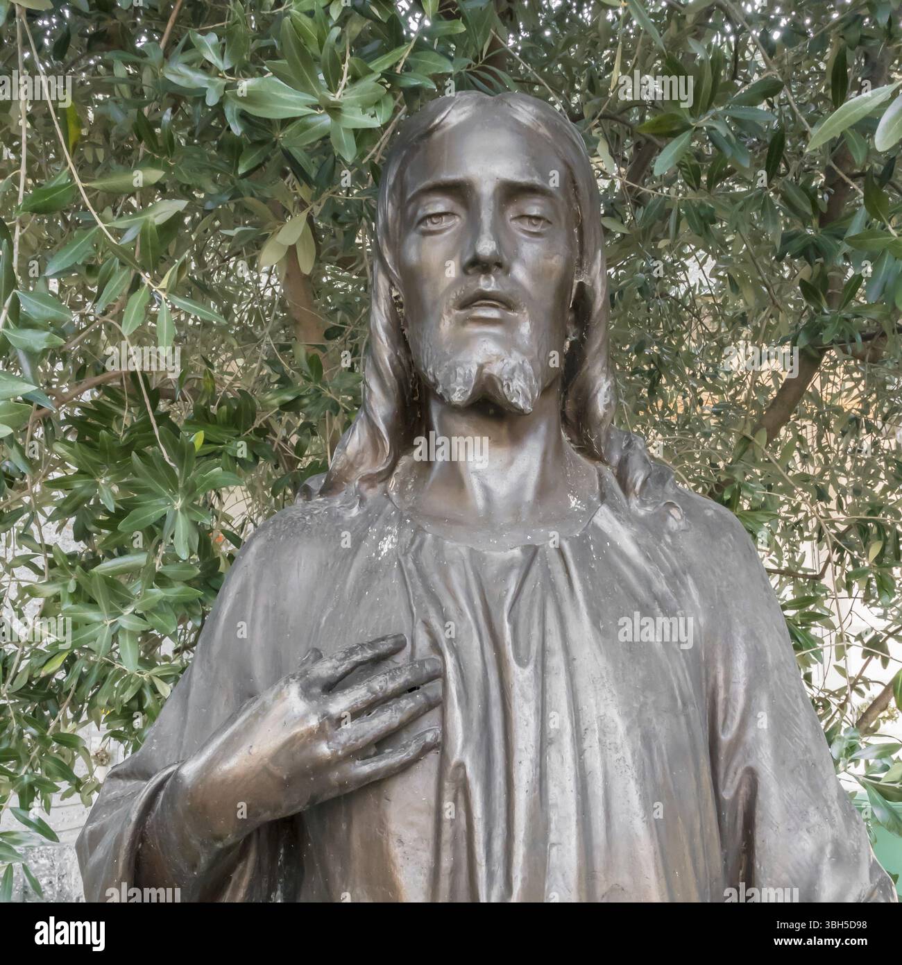 Portrait photo of Jesus Christ statue. On background an olive tree ...